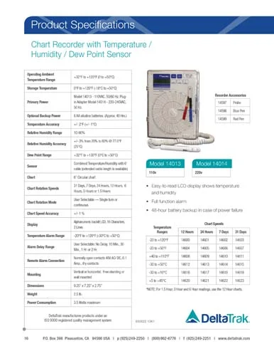 Temperature/Humidity/Dew Point Circular Chart Recorder, Model 14013, 14014
